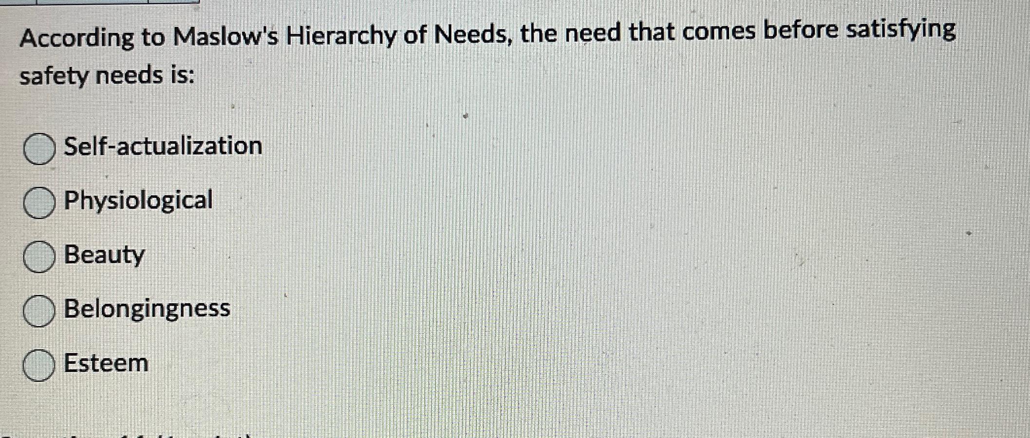 Solved According to Maslow's Hierarchy of Needs, the need | Chegg.com
