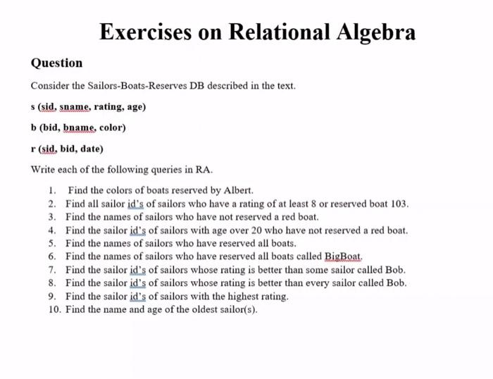 Solved Exercises on Relational Algebra Question Consider the | Chegg.com