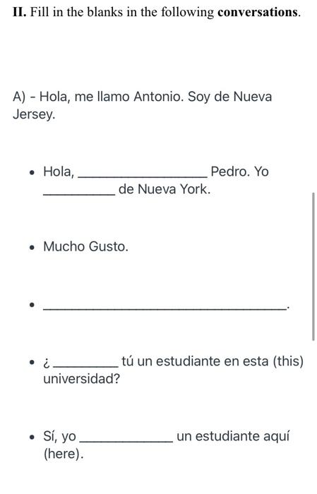 Solved II. Fill in the blanks in the following | Chegg.com