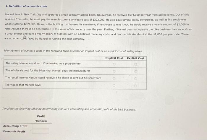 Solved 1. Definition of economic costs Manuel lives in New | Chegg.com