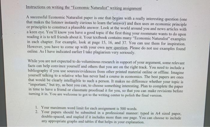 Solved Instructions on writing the "Economic Naturalist" | Chegg.com