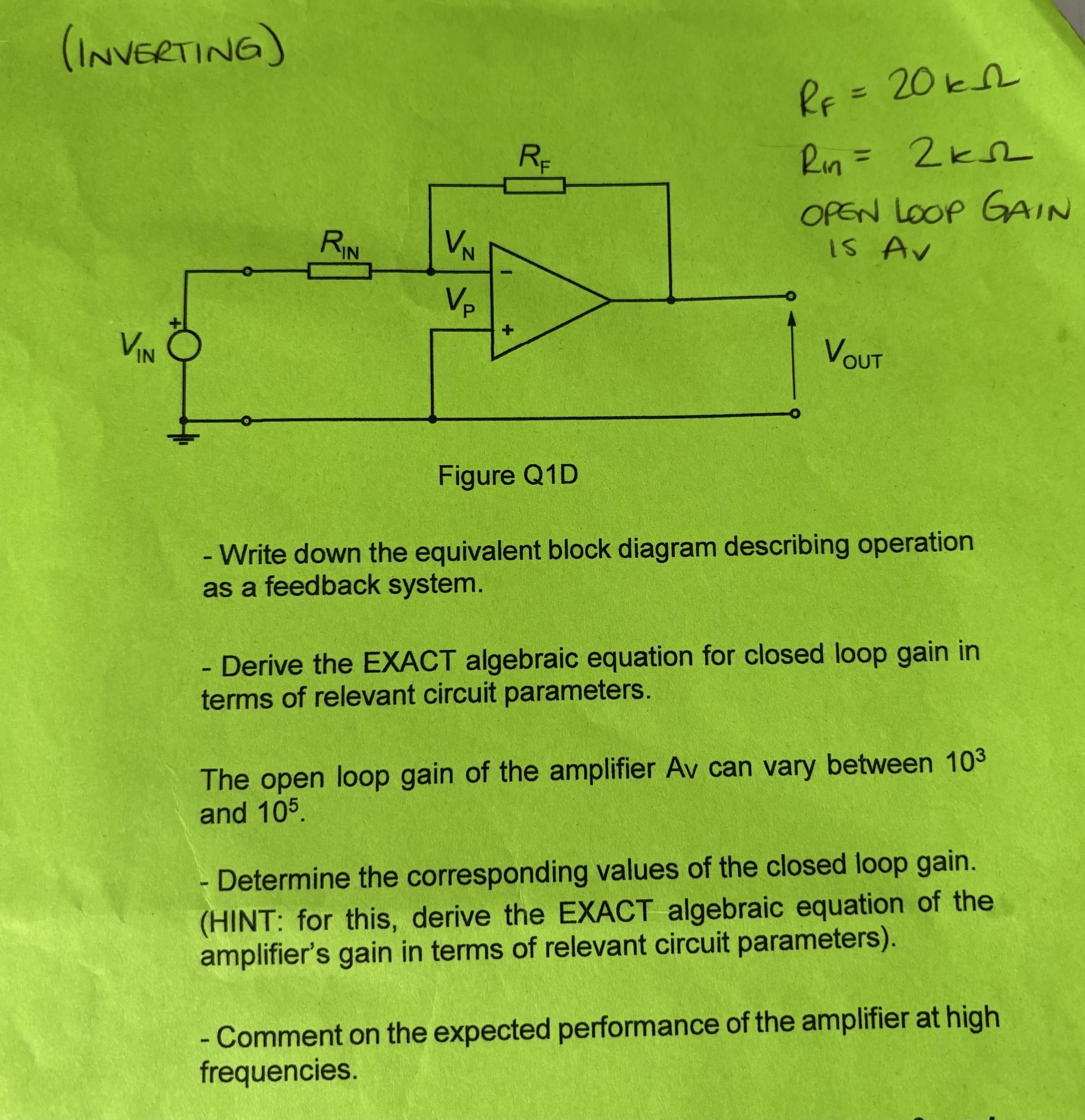 Solved (INVERTING)RF=20kΩFigure Q1DWrite down the equivalent | Chegg.com