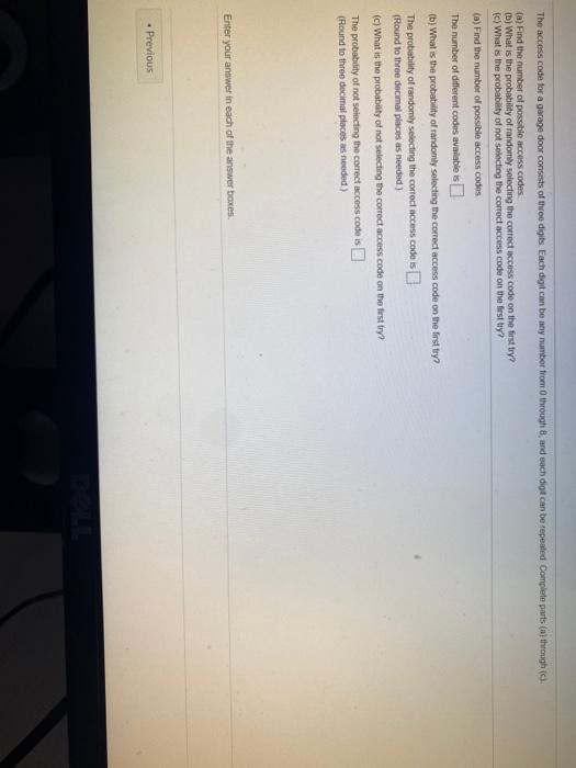 Solved The access code for a garage door consists of three | Chegg.com