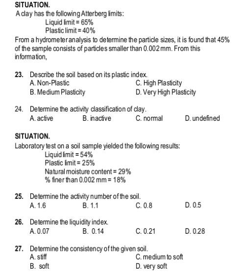 Solved SITUATION. A clay has the following Atterberg limits: | Chegg.com