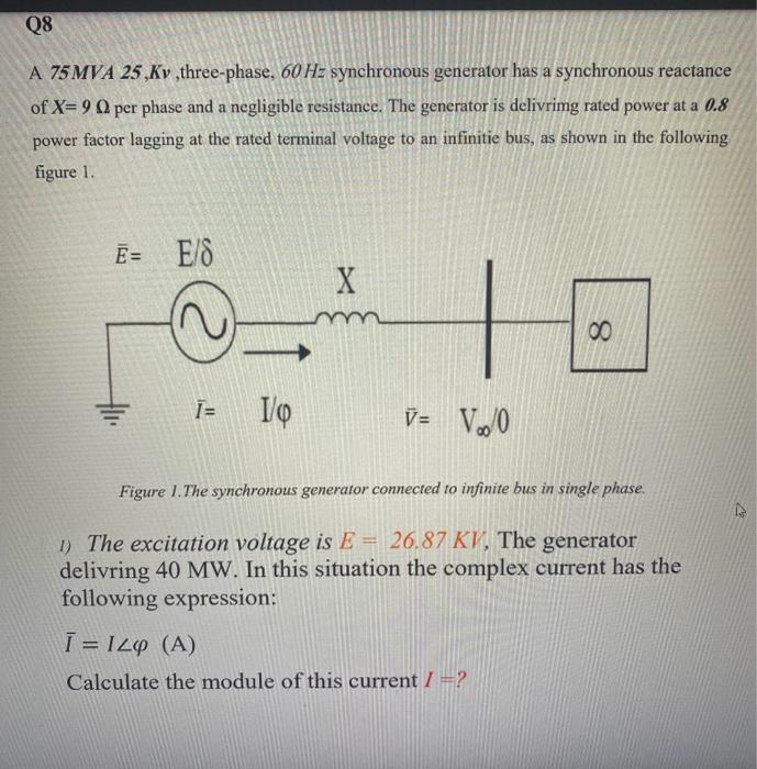 Solved 08 A 75 MVA 25,Kv ,three-phase, 60 Hz synchronous | Chegg.com
