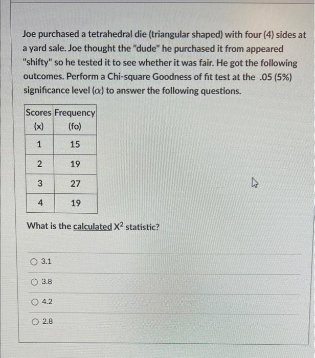 Solved Joe purchased a tetrahedral die (triangular shaped) | Chegg.com