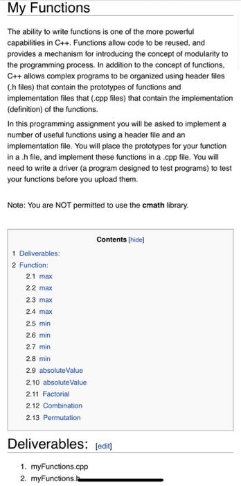 Solved Deliverables: [edit] 1. myFunctions.cpp 2. | Chegg.com