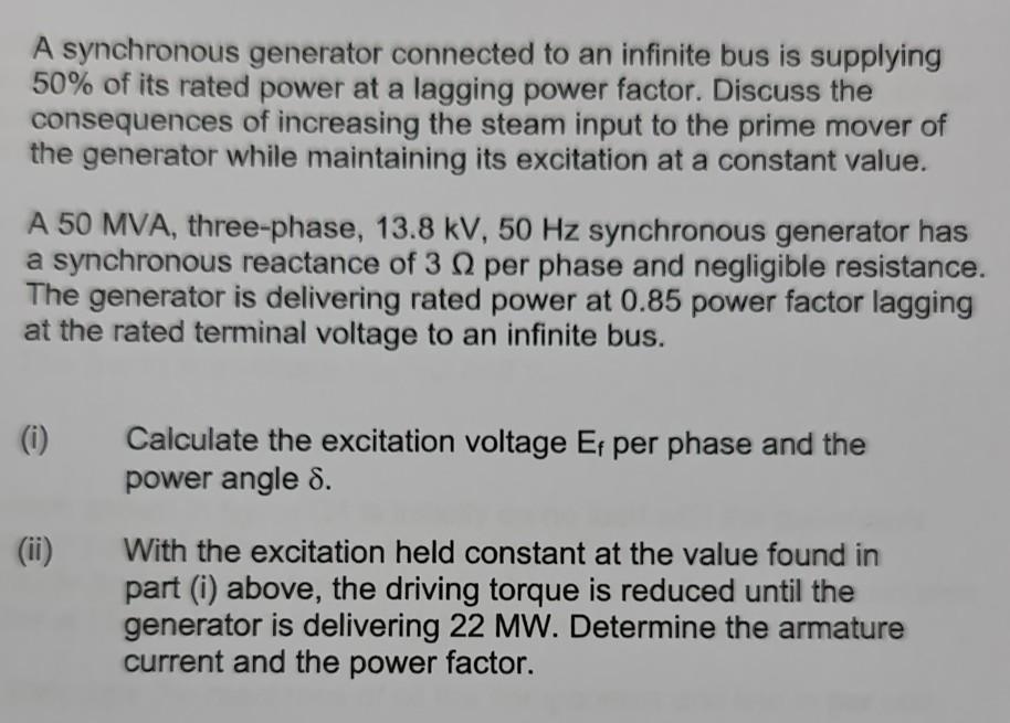 Solved A synchronous generator connected to an infinite bus | Chegg.com