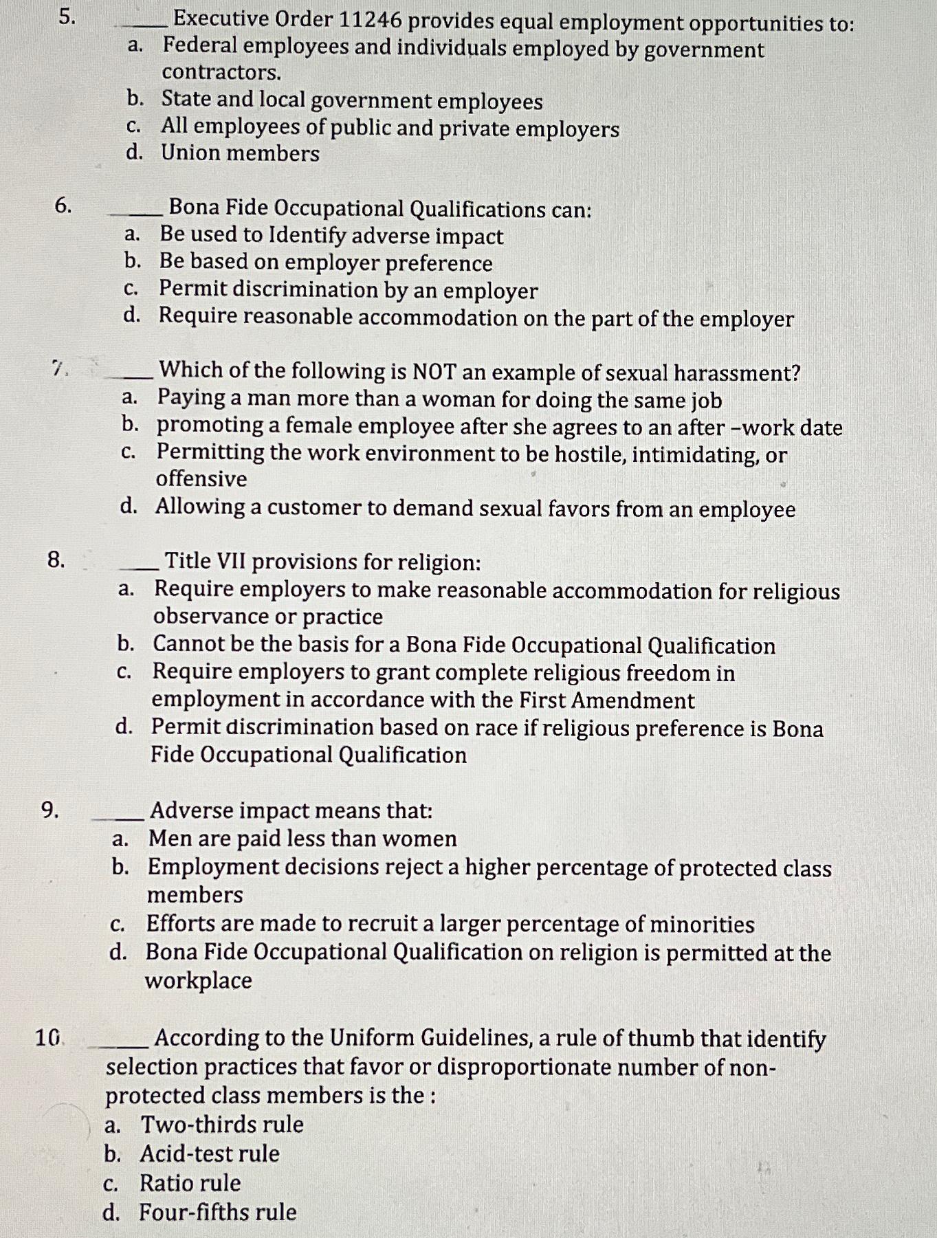 Solved Executive Order 11246 ﻿provides equal employment | Chegg.com