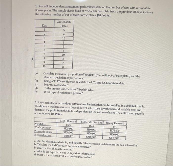 Solved 1. A small, independent amusement park collects data | Chegg.com