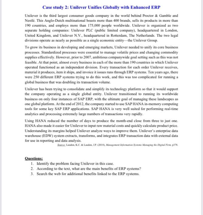 Solved Case study 2: Unilever Unifies Globally with Enhanced | Chegg.com