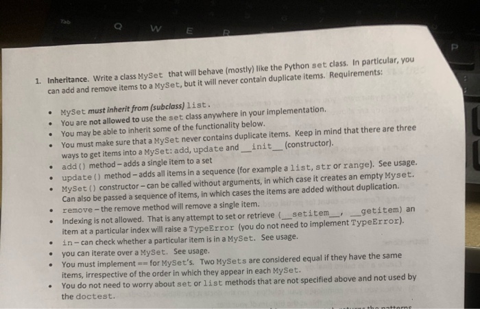 Solved QWER 1. Inheritance. Write a class MySet that will | Chegg.com