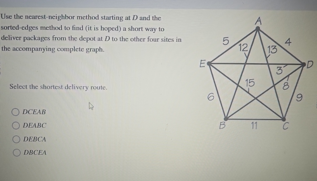 Solved Use the nearest-neighbor method starting at D ﻿and | Chegg.com