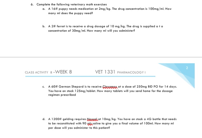 Solved 6. Complete the following veterinary math exercises | Chegg.com