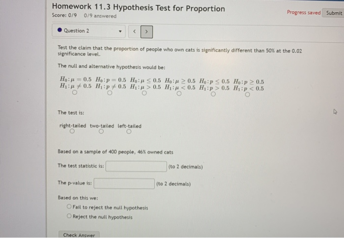 Solved Homework 11.3 Hypothesis Test for Proportion Score: | Chegg.com