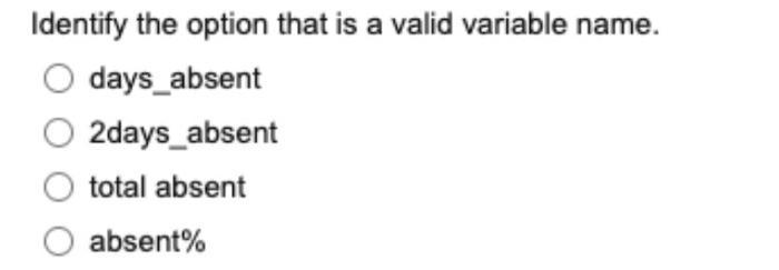 Solved Identify the option that is a valid variable name. | Chegg.com