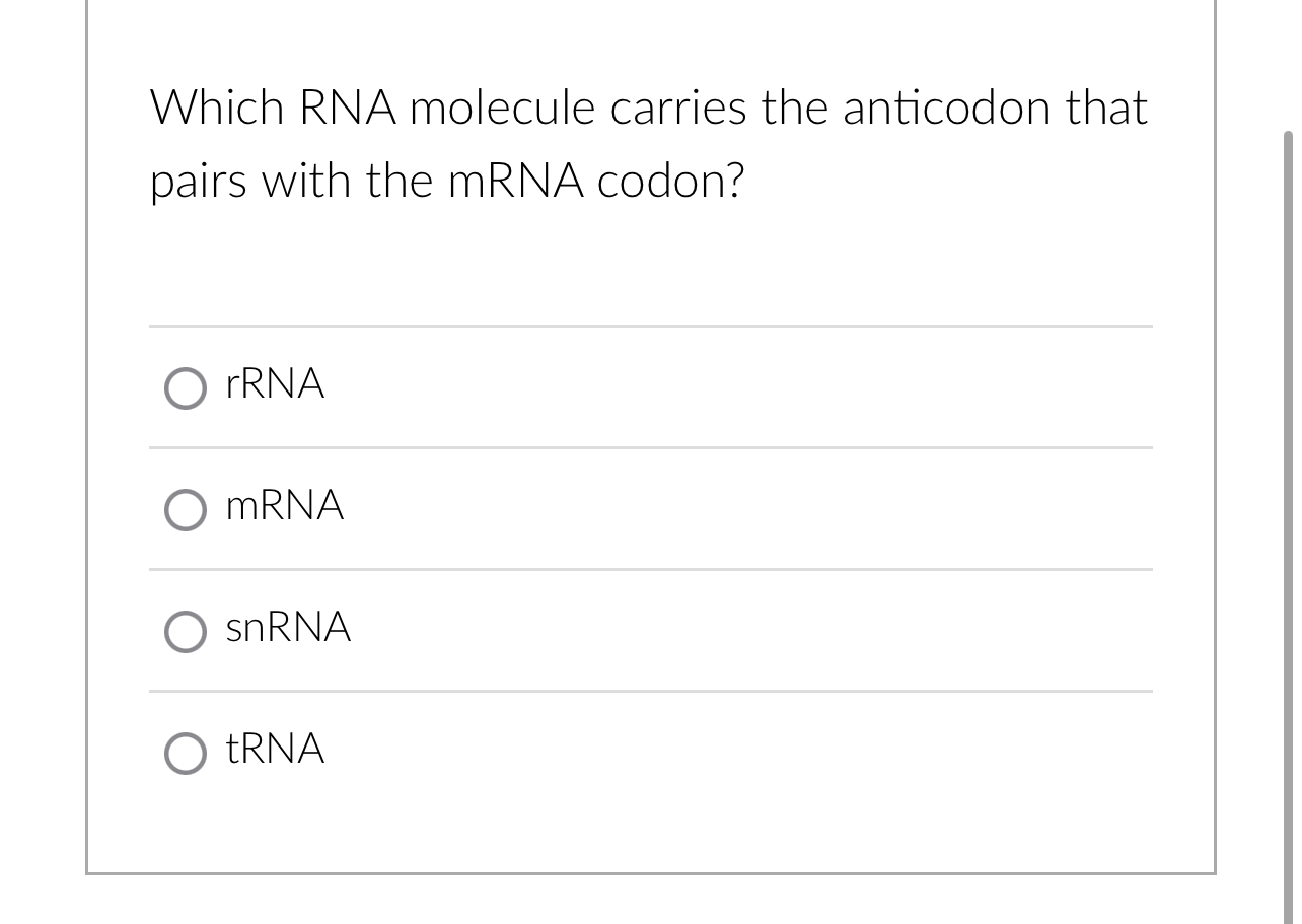 Solved Which RNA molecule carries the anticodon that pairs | Chegg.com