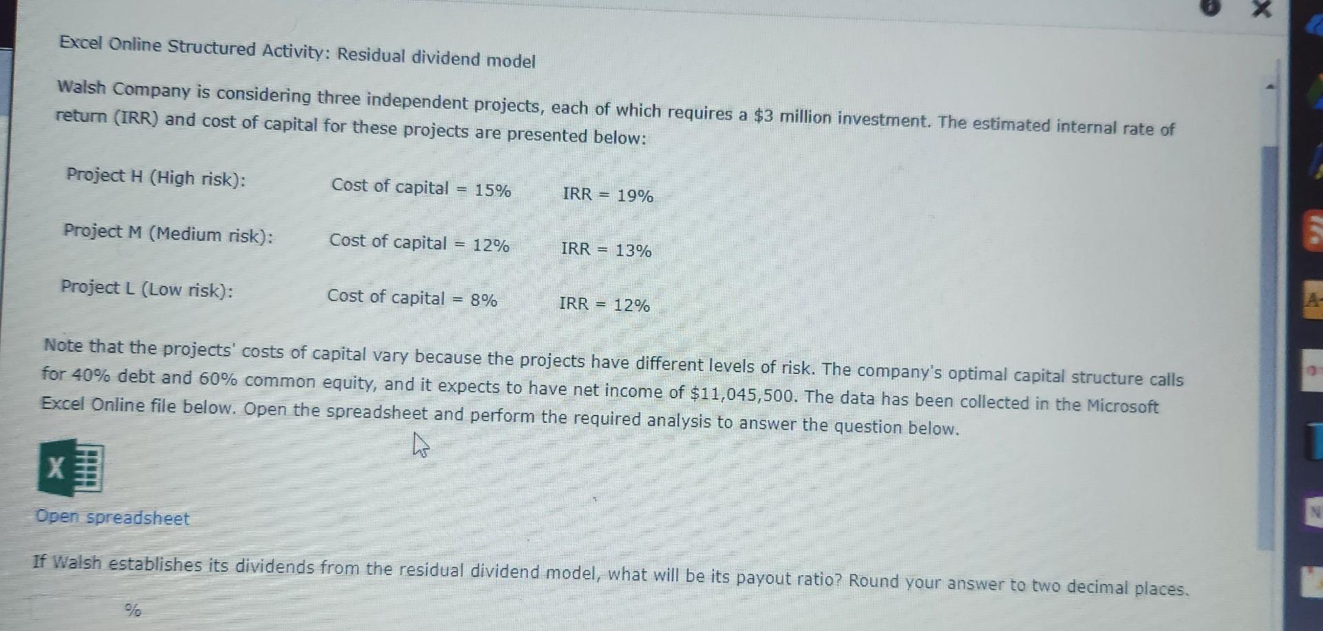 Excel Online Structured Activity: Residual dividend | Chegg.com