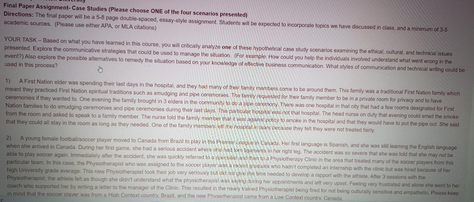 Final Paper Assignment- Case Studies (Please choose | Chegg.com