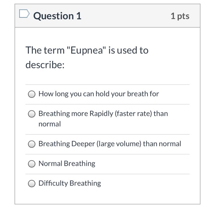 Solved Question 1 1 pts The term "Eupnea" is used to | Chegg.com