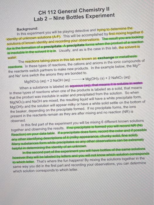 Solved CH 112 General Chemistry II Lab 2 - Nine Bottles | Chegg.com