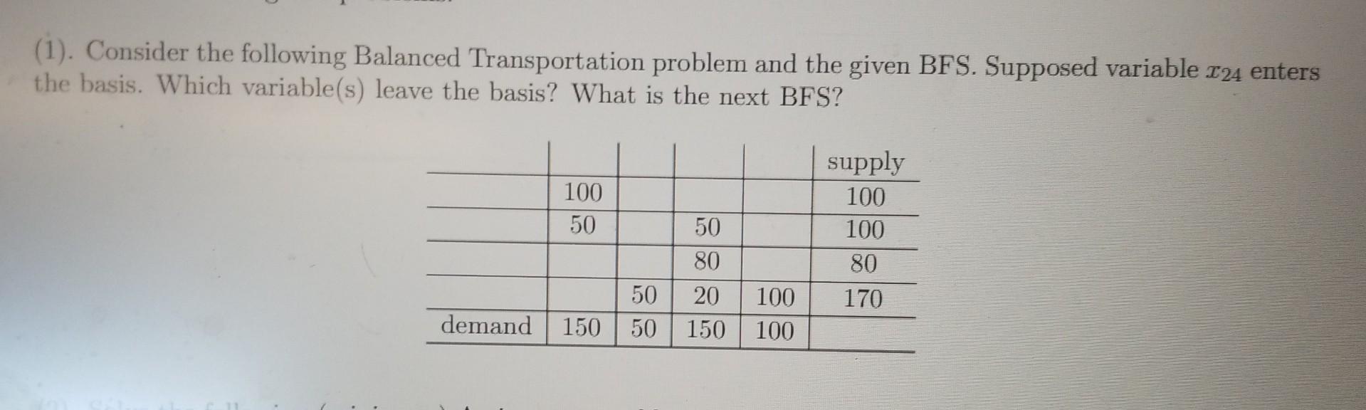 Solved (1). Consider the following Balanced Transportation | Chegg.com