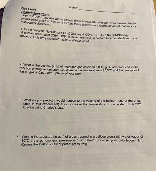 Solved Gas Laws Name: Postlab questions: Your instructor may | Chegg.com