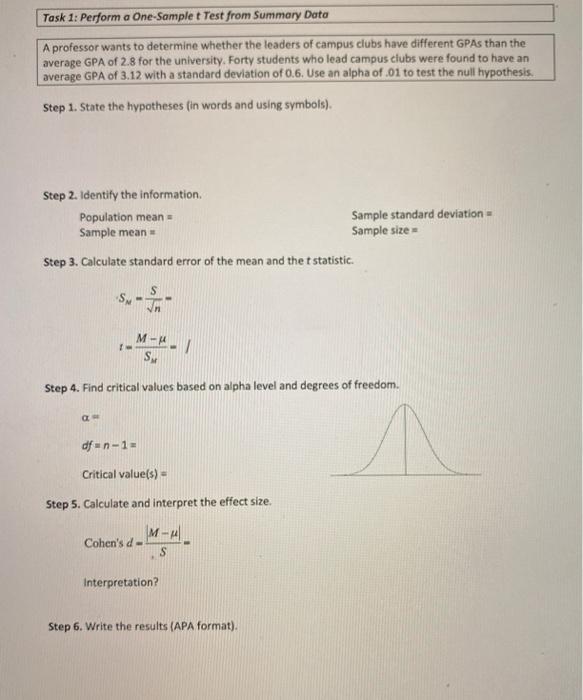 Solved Task 1: Perform a One-Sample t Test from Summary Data | Chegg.com