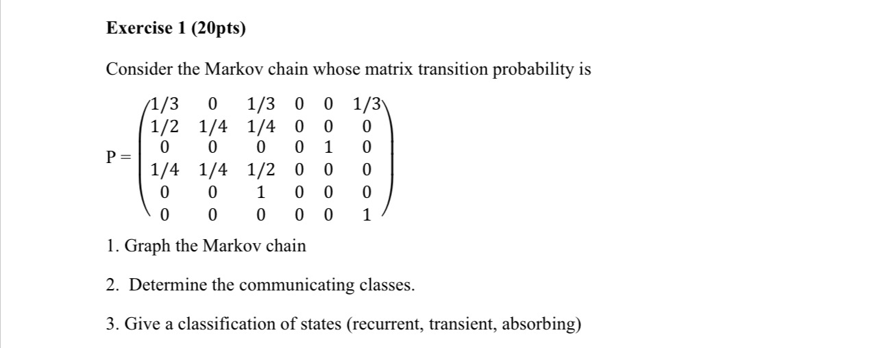 Solved Exercise 1 (20pts)Consider the Markov chain whose | Chegg.com