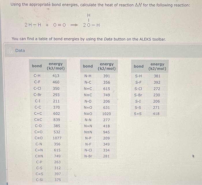 Solved Using the appropriate bond energies, calculate the | Chegg.com