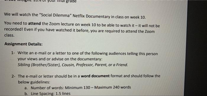 Solved grade We will watch the "Social Dilemma" Netflix | Chegg.com