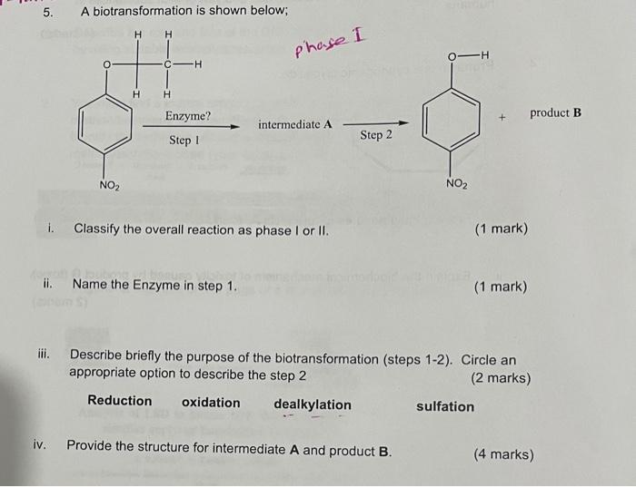 Solved 5. A biotransformation is shown below; i. Classify | Chegg.com