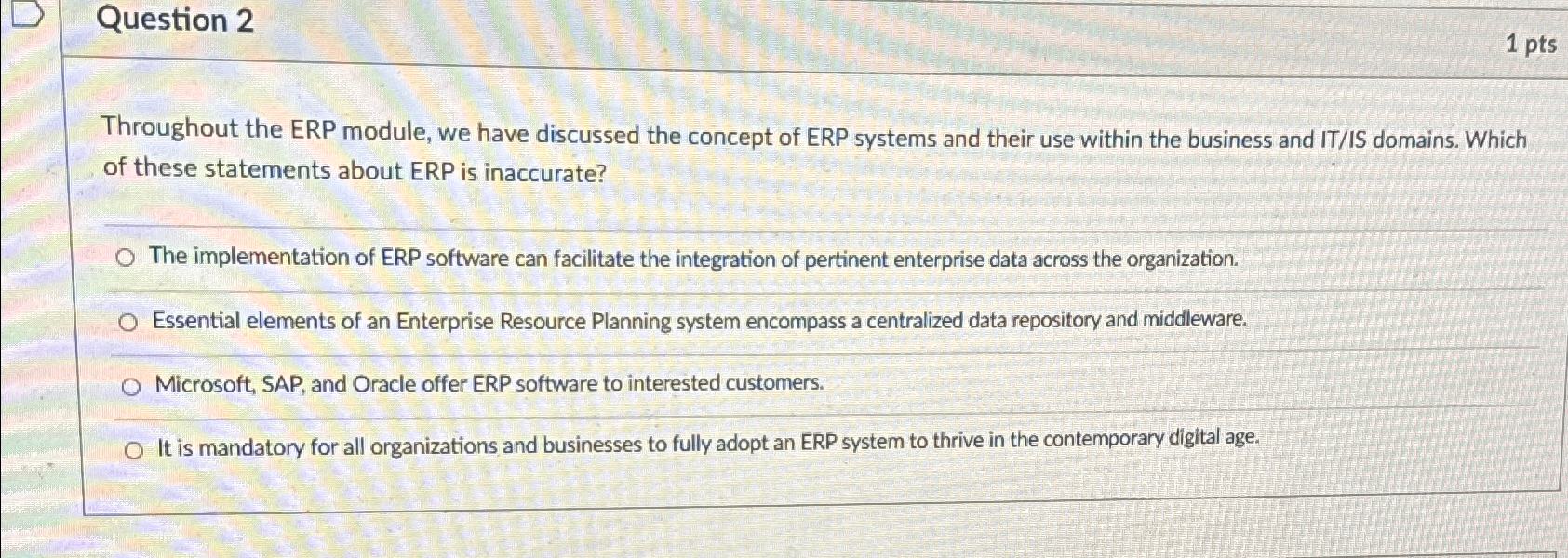 Solved Question 21 ﻿ptsThroughout the ERP module, we have | Chegg.com