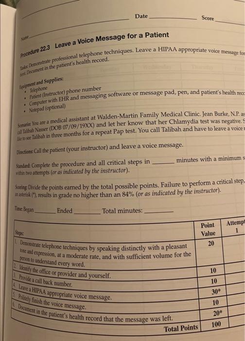 Name Date Procedure 22.3 Leave a Voice Message for a | Chegg.com