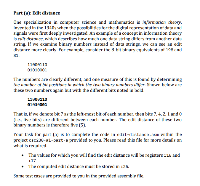 Solved Part (a): Edit distanceOne specialization in computer | Chegg.com