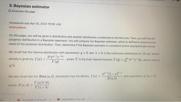 Solved 5. Bayesian estimator Bookmark this page Homework due | Chegg.com