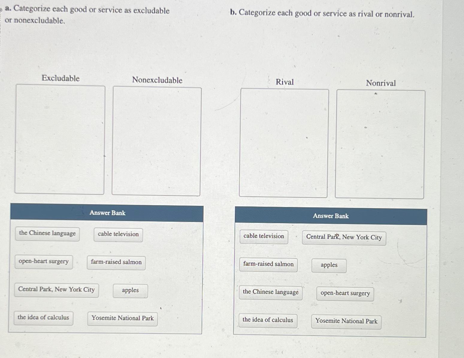 Solved a. ﻿Categorize each good or service as excludable or | Chegg.com