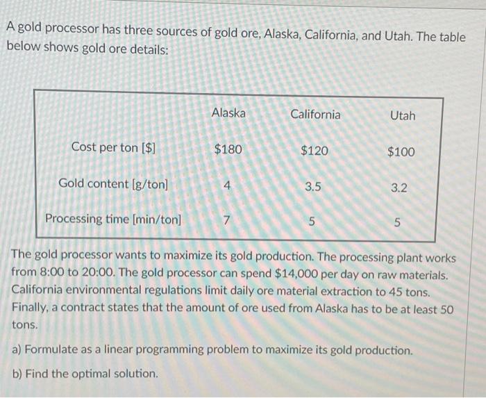 Solved A gold processor has three sources of gold ore, | Chegg.com