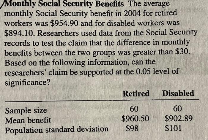 Solved Monthly Social Security Benefits The average monthly | Chegg.com