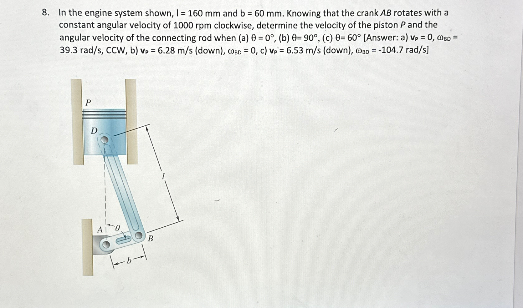Solved In the engine system shown, I=160mm ﻿and b=60mm. | Chegg.com