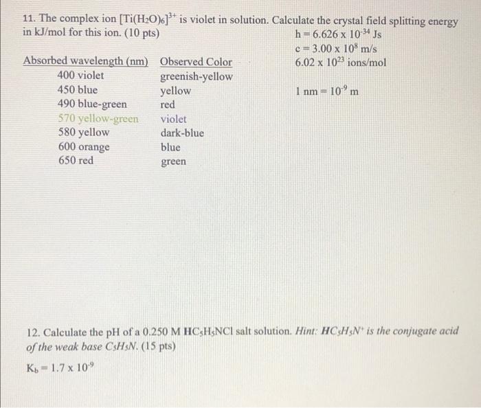 Solved 11. The complex ion [Ti(H20)]3+ is violet in | Chegg.com