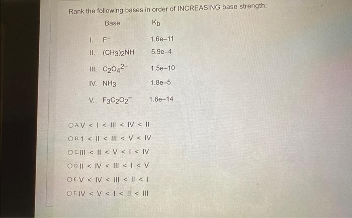 Solved Rank the following bases in order of INCREASING base | Chegg.com