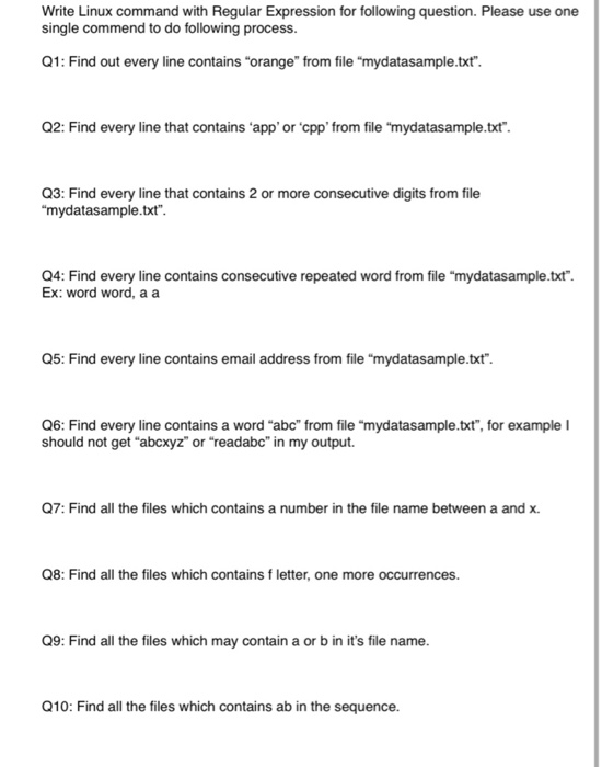 Solved Write Linux command with Regular Expression for | Chegg.com
