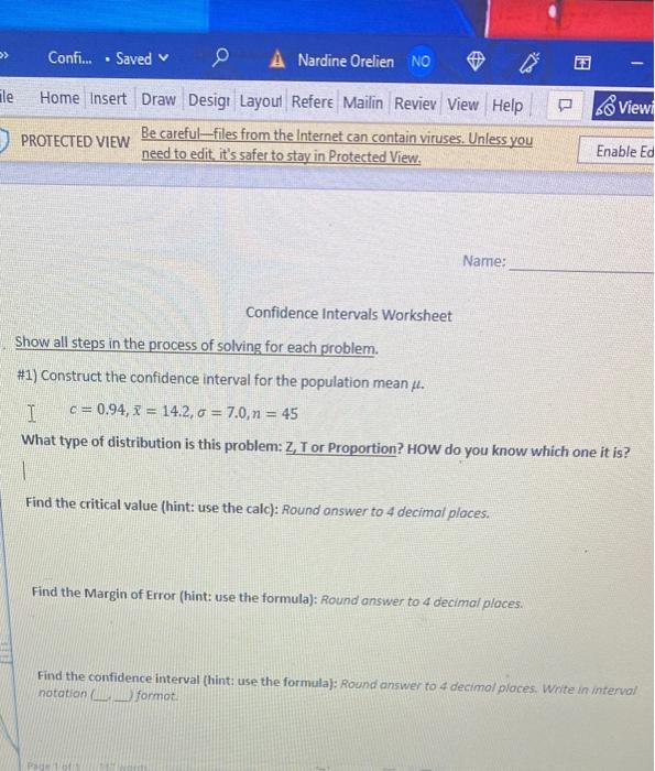 Solved Confidence Intervals Worksheet Show all steps in the | Chegg.com