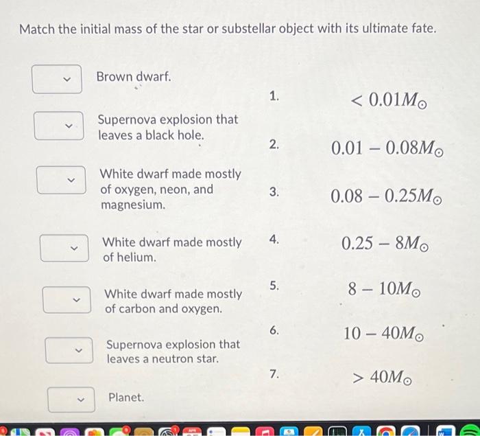 Solved Match the initial mass of the star or substellar | Chegg.com