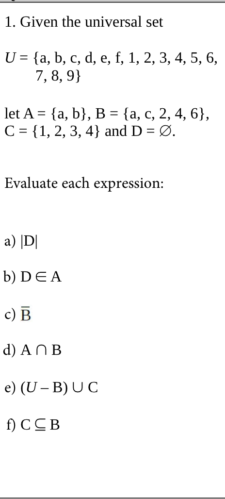 Solved Given the universal set}{,7,8,9Evaluate each | Chegg.com