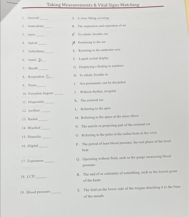Solved Taking Measurements & Vital Signs Matching 1. Aneroid | Chegg.com