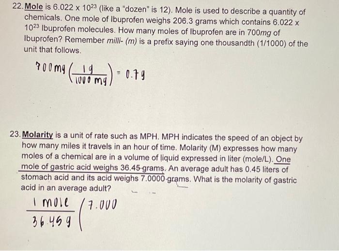 Solved 22. Mole is 6.022 x 1023 (like a "dozen" is 12). Mole | Chegg.com