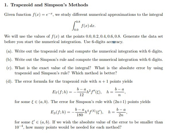 Solved 1. Trapezoid and Simpson's Methods Given function f() | Chegg.com