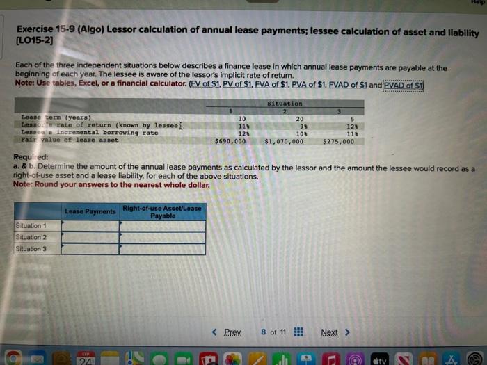 Solved Exercise 15−9 (Algo) Lessor calculation of annual | Chegg.com
